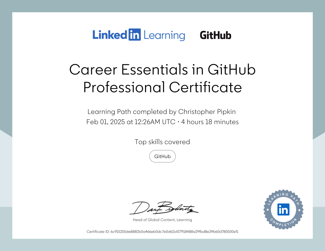 Career Essentials in GitHub Professional Certificate – Christopher M Pipkin